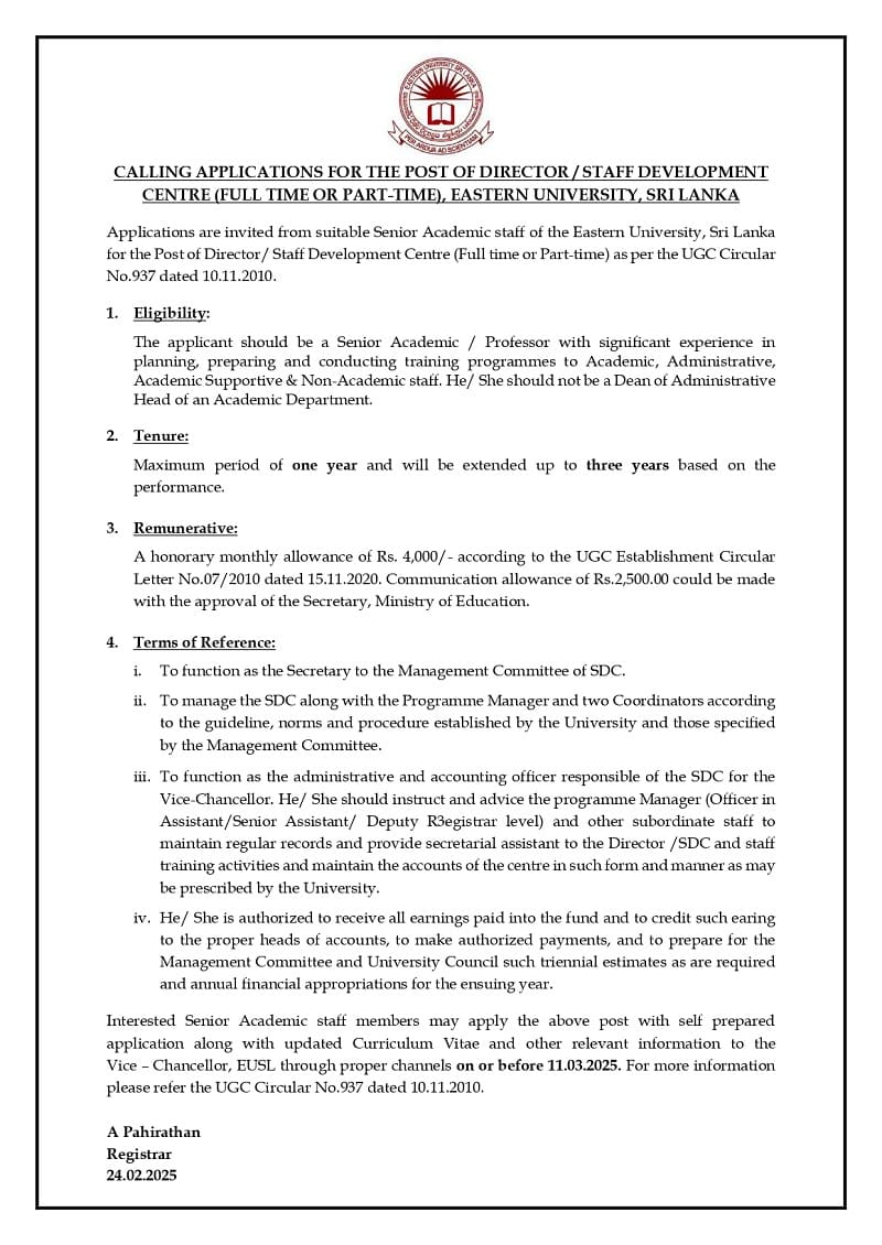 Calling Application for the Post of Director/SDC | Eastern University Sri Lanka